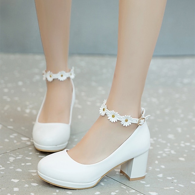 Girls' White Block Heel Dress Shoes with Daisy Flower Ankle Strap ...