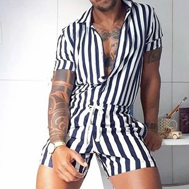 Men's Rompers Short Sleeve Jumpsuit with Pockets Stripe Drawstring ...