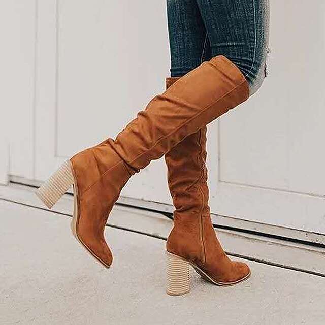 Women's Tan Suede Knee-High Boots with Pointed Toe and Block Heel ...