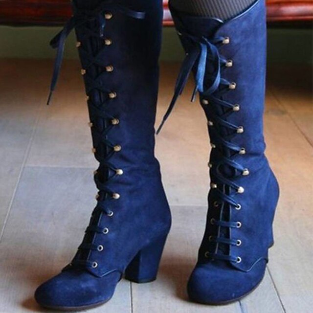 Women's Blue Knee-High Lace-Up Boots with Block Heels for Fashion and ...