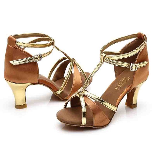 Women's Gold Glitter Dance Sandals with Ankle Strap and Mid Heel High ...