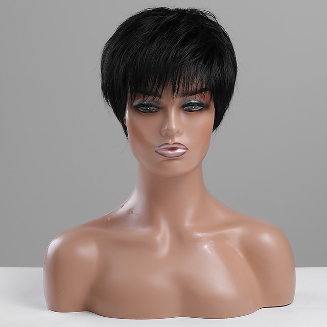 Miscela di capelli umani Parrucca Corto Liscio Taglio corto spettinato ...