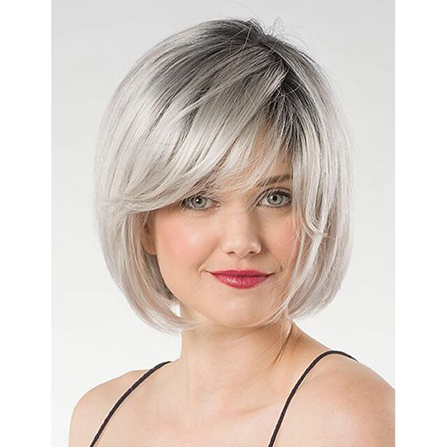 Short Gradient Gray Bob Bob Wig Ladies Straight Hair Synthetic Wig ...