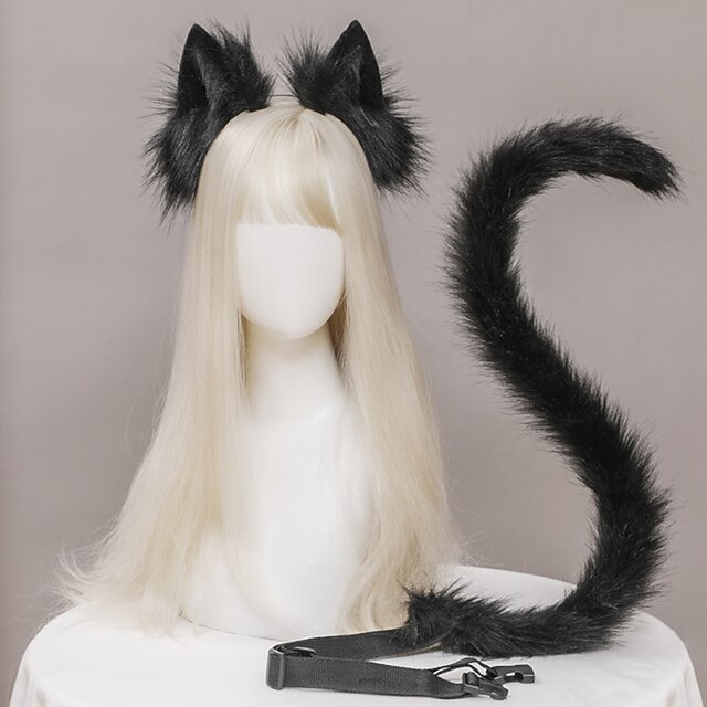 Cat Ear With Tail Suit Animal Anime Faux Fur Kitten Ears Headband ...