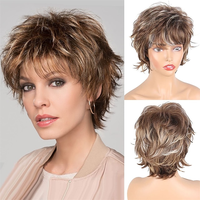 Short Brown Wigs for Women Pixie Cut Wig with Bangs Layered Straight ...
