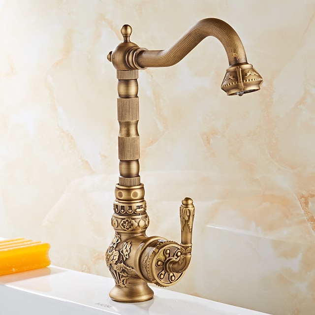 Traditional Kitchen Sink Mixer Faucet, Antique Brass Single Handle Taps ...