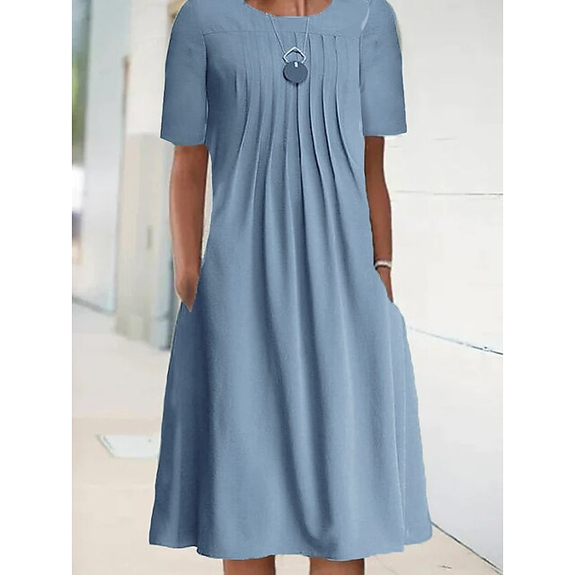 Damen Casual kleid Etuikleid Midikleid Blau Grün Kurzarm Einfarbig Rüschen Sommer Frühling ...