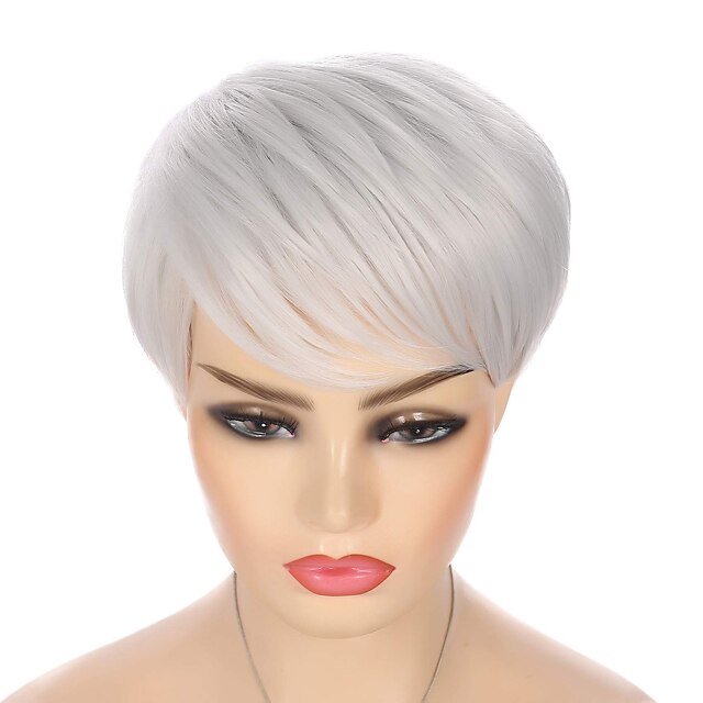 Silver Grey Wigs Short Hair Pixie Cut Straight Wig with Bangs Synthetic ...