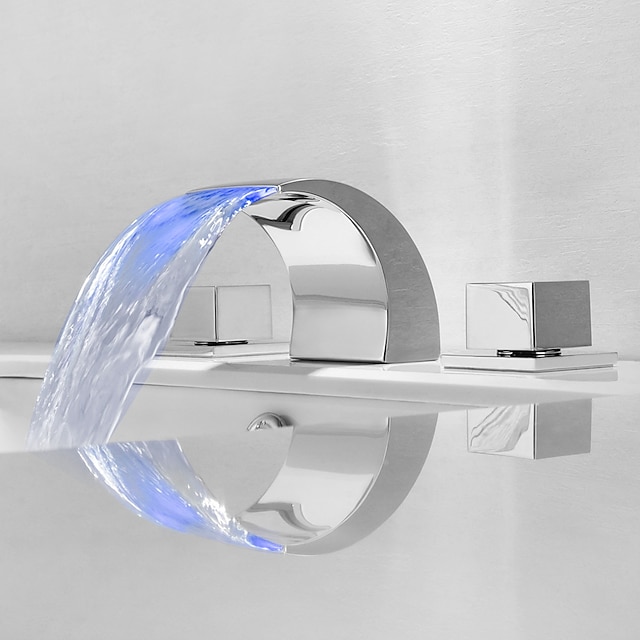 Waterfall Bathroom Sink Faucet LED Light Deck Mounted Brass, Widespread ...