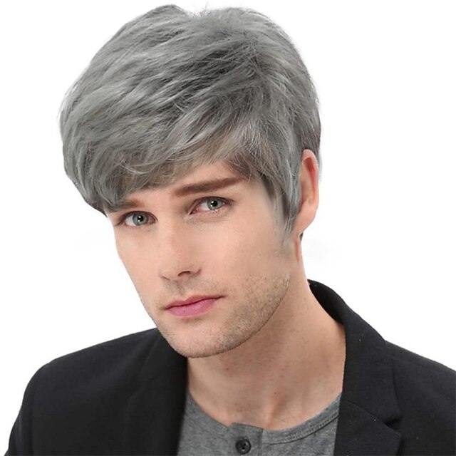 Mens Grey Wigs Realistic Short Fluffy Layered Natural Looking Wig Mens Short Wig Straight Silver
