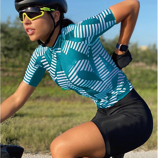 Women's Cycling Jersey Stripes Short Sleeve Bike Jersey Top with 3 Rear ...