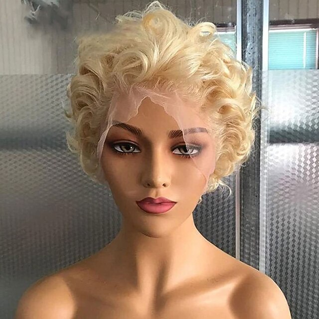 Human Hair 13x4 Lace Front Wig Pixie Cut Brazilian Hair Curly Blonde ...