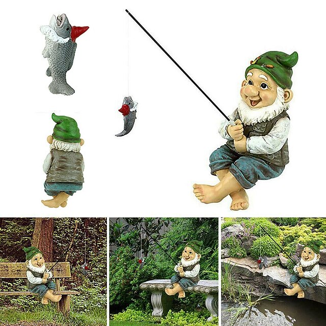 Mini Garden Gnome Statue Ziggy the Fishing Dwarf Elf Figurines Front ...