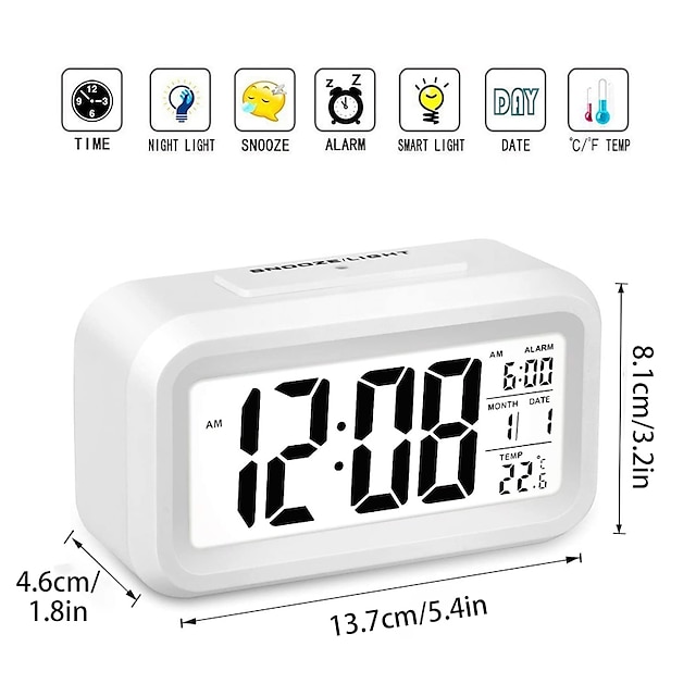 Smart Night Light Digital Alarm Clock with Date Indoor Temperature ...