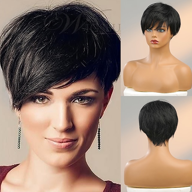 Human Hair Blend Wig Short Natural Straight Pixie Cut Side Part Layered ...
