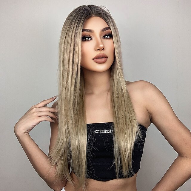 Synthetic Lace Wig Straight Style 24 inch Light Brown Middle Part 13x1 ...