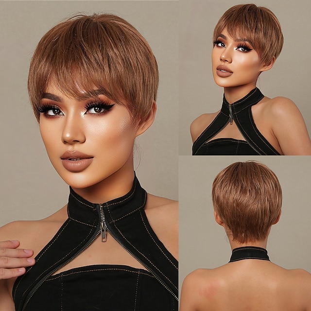 Emberi haj keverék Paróka Rövid Természetes egyenes Pixie frizura ...