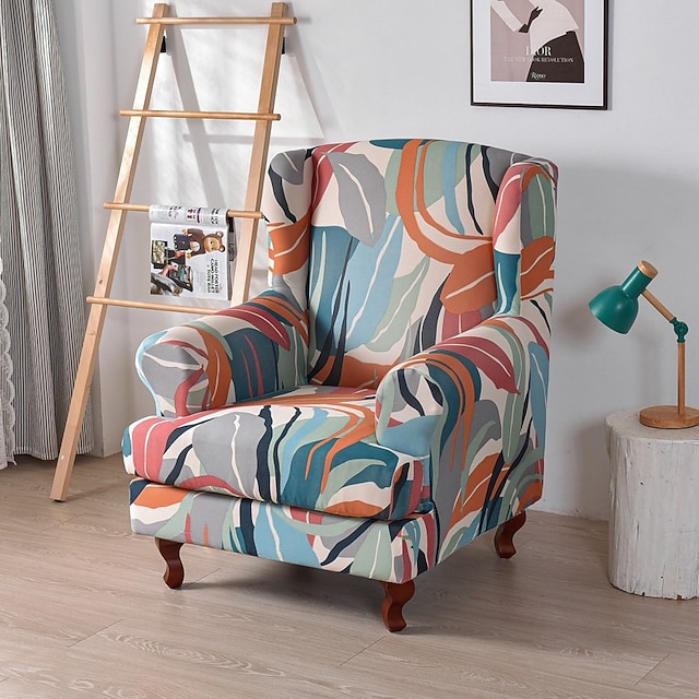1 Set of 2 Pieces Stretch Wingback Chair Cover Floral Printed Wing ...