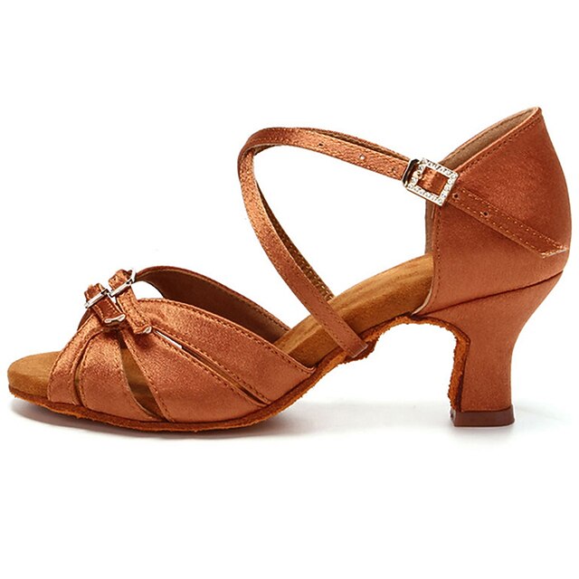 Women's Satin Latin Dance Shoes | Tan Open-Toe Ballroom Heels with ...