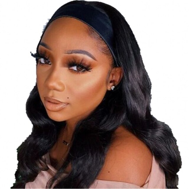 Human Hair Wig Long Medium Length Body Wave With Headband Natural Black ...