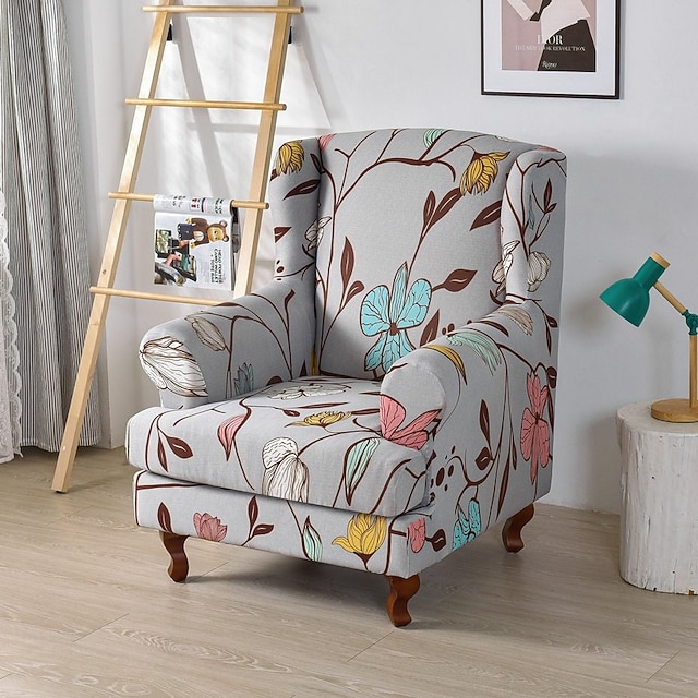 1 Set of 2 Pieces Stretch Wingback Chair Cover Floral Printed Wing ...