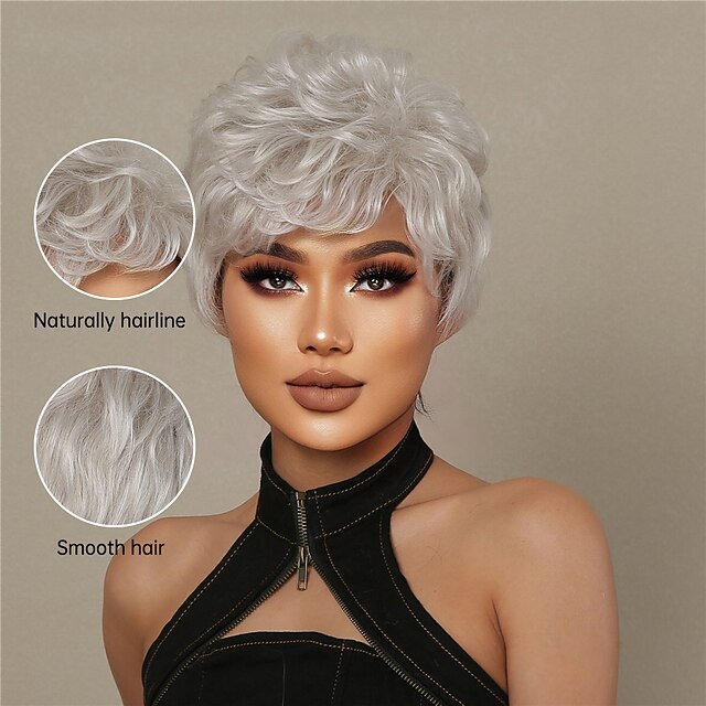 Human Hair Blend Wig Short Curly Bouncy Curl Pixie Cut Side Part ...
