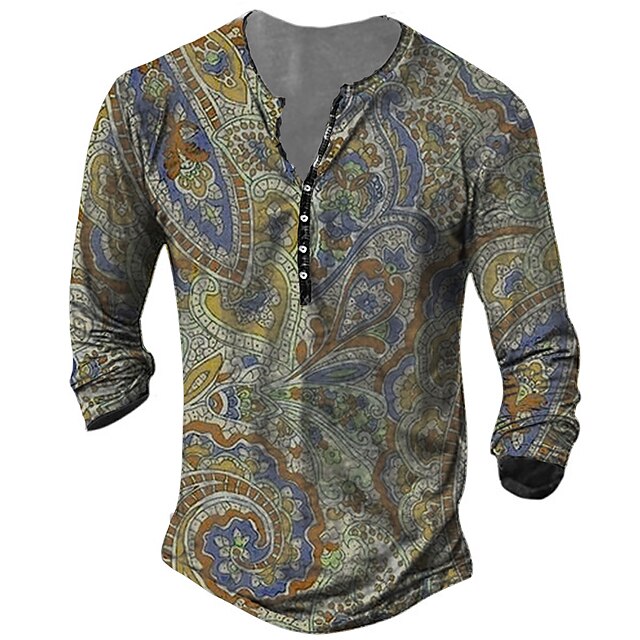 Men's T shirt Tee Henley Shirt Tee Graphic Tribal Henley Yellow Red ...
