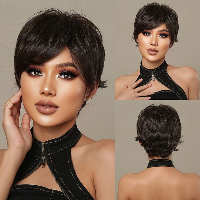 Emberi haj keverék Paróka Rövid Természetes egyenes Pixie frizura ...