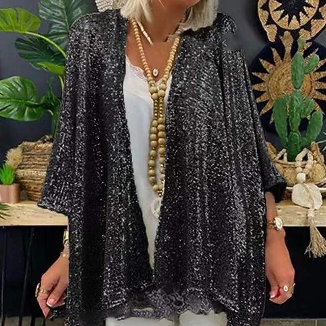 Women's Plus Size Jacket Sequins Formal Party Open Front Sparkle ...