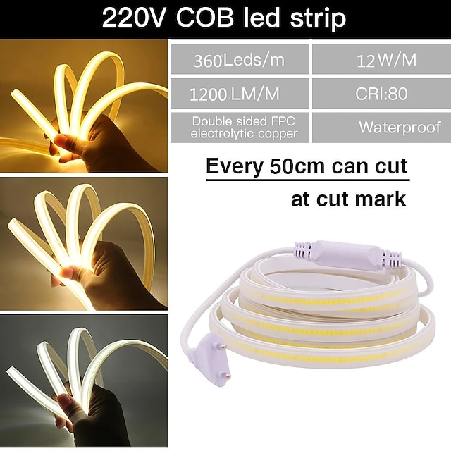 COB LED Strip Lights, 360 LEDs/m Waterproof Outdoor Decor, Flexible ...