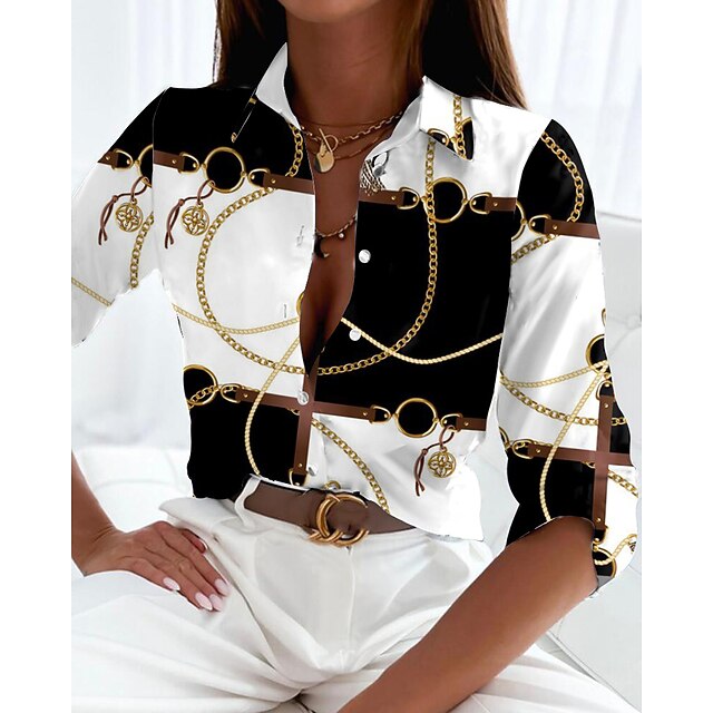 Women's Shirt Blouse Chains Print Daily Weekend Black White Pink Print ...