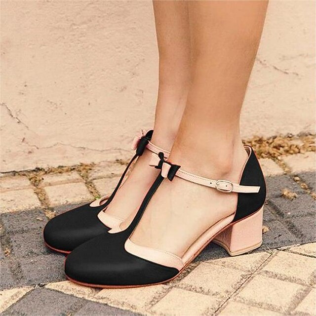 Women's Stylish Red T-Strap Heels with Bow Detail and Block Heel ...