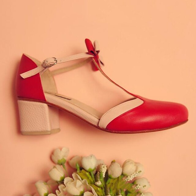 Women's Stylish Red T-Strap Heels with Bow Detail and Block Heel ...
