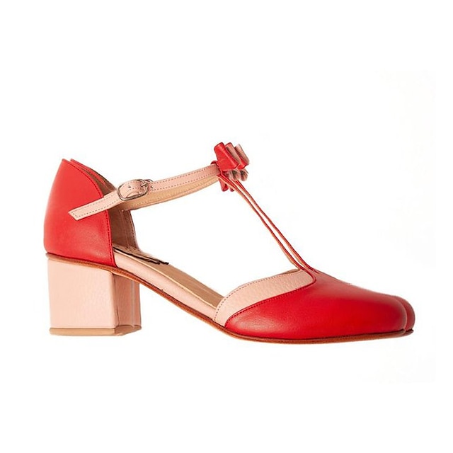 Women's Stylish Red T-Strap Heels with Bow Detail and Block Heel ...