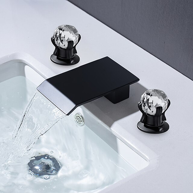 Bathroom Sink Faucet with Two Crystal Knob Handles Waterfall Matte ...