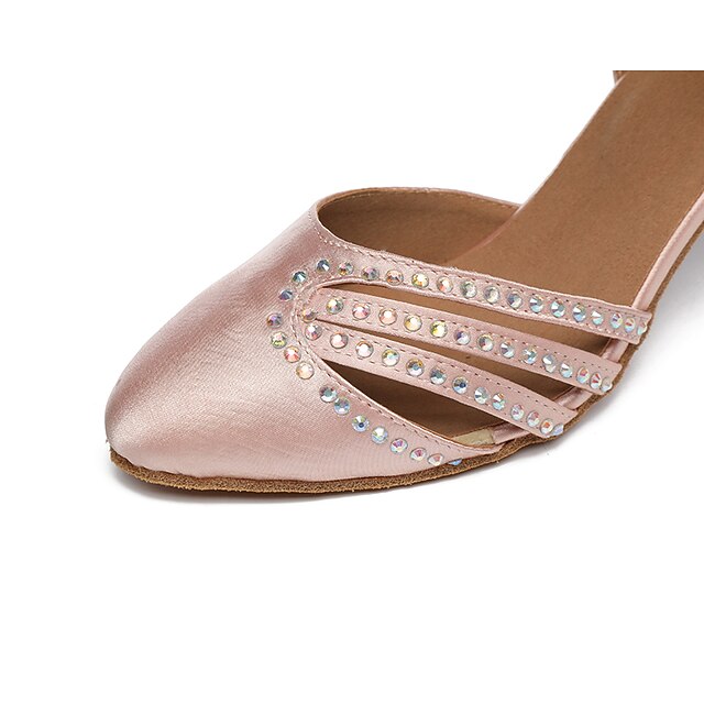 Women's Satin Ballroom Dance Shoes - Pink Rhinestone Heels with Ankle ...
