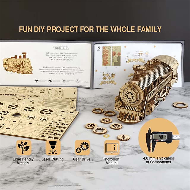 3D Wooden Puzzles Train Locomotive DIY Gear Drive Mechanical Model Brain Teaser Games Stunning ...