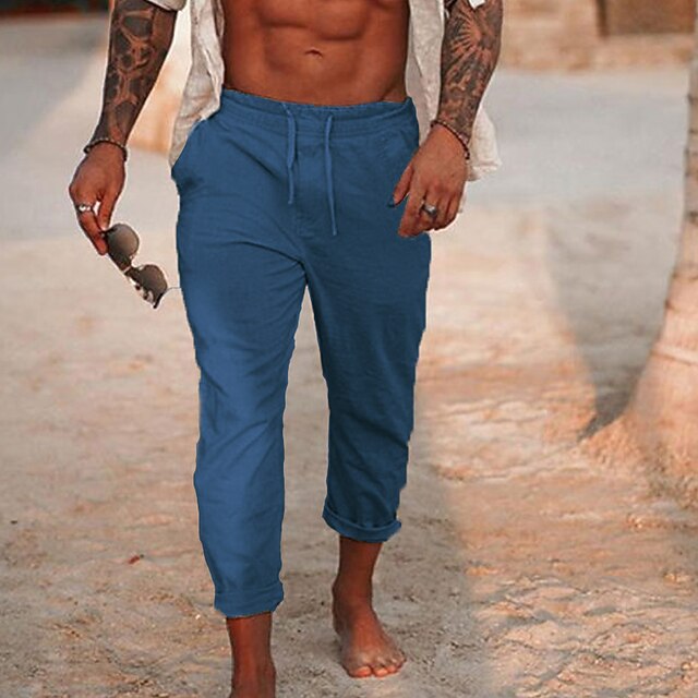 Men's Linen Pants Trousers Summer Pants Drawstring Elastic Waist Plain ...