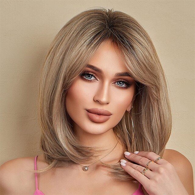 Ash Blonde Wigs for Women Bob Shoulder Length Layered Synthetic Dark ...