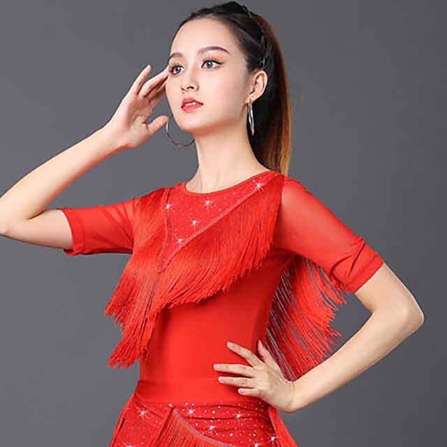 Latin Dance Ballroom Dance Top Fringed Tassel Ruching Pure Color Women ...