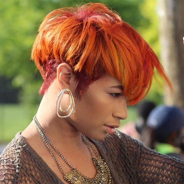 Ombre Red Pixie Wig Short Layered Natural Synthetic Wig with Bangs ...