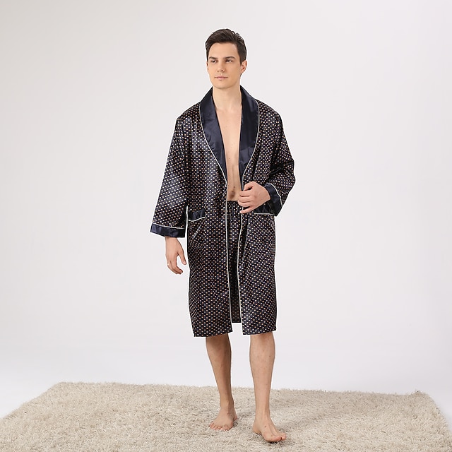 Men's Plus Size Robe Silk Robe Robes Gown Silk Kimono 2 Pieces Waves ...