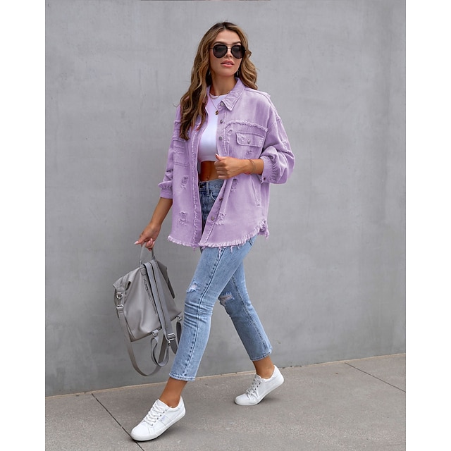 Women's Shacket Blouse Plain Basic Long Sleeve Shirt Collar Regular ...