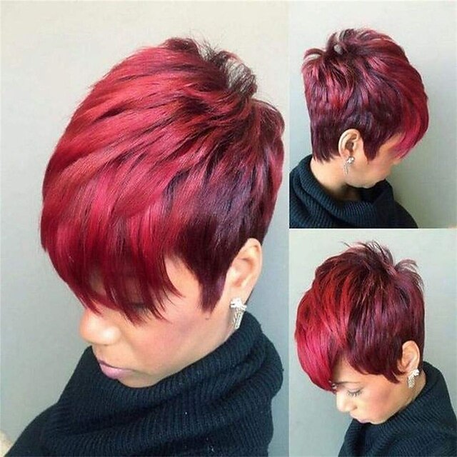 Ombre Red Pixie Wig Short Layered Natural Synthetic Wig with Bangs ...