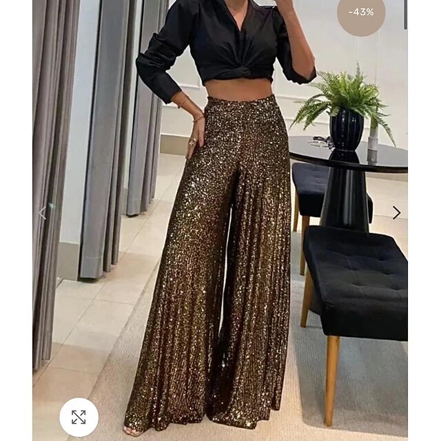Women's Sparkly Pants Black Coffee White Sparkle Party Wide Leg Full ...