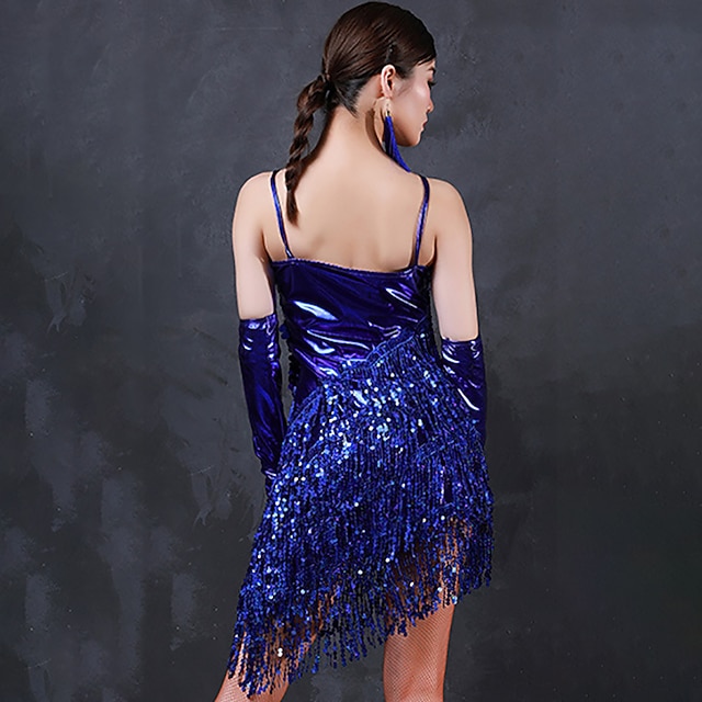 Latin Dance Exotic Dancewear Dress Glitter Tassel Ruching Women's ...