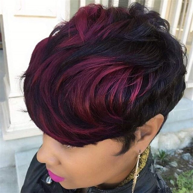 Ombre Red Pixie Wig Short Layered Natural Synthetic Wig with Bangs ...