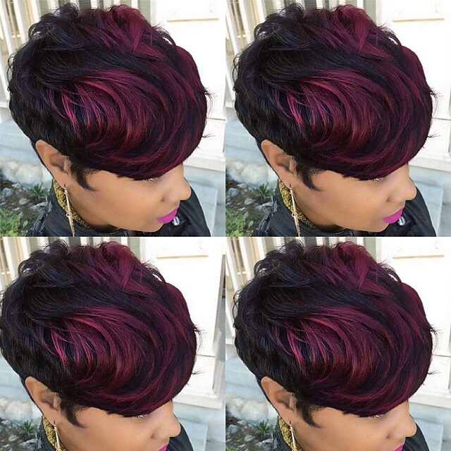 Ombre Red Pixie Wig Short Layered Natural Synthetic Wig with Bangs ...