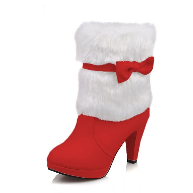 Women's Red Christmas Boots with Faux Fur Cuff and Bow Accent | Winter ...