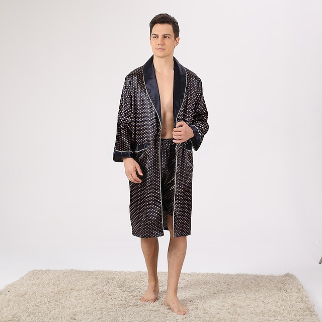 Men's Plus Size Robe Silk Robe Robes Gown Silk Kimono 2 Pieces Waves ...